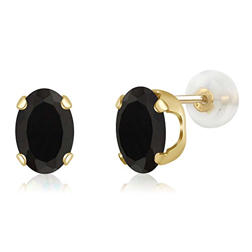 Gem Stone King 14K Yellow Gold Black Onyx Earrings | 1.60 Cttw | Gemstone Birthstone | Oval 7X5MM Stud Earrings | Gold Earrings for Women