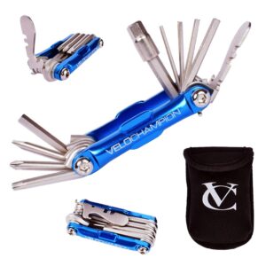 velochampion 14 in 1 blue multifunctional bike repair cycling multitool with storage case. compact, portable and built to last