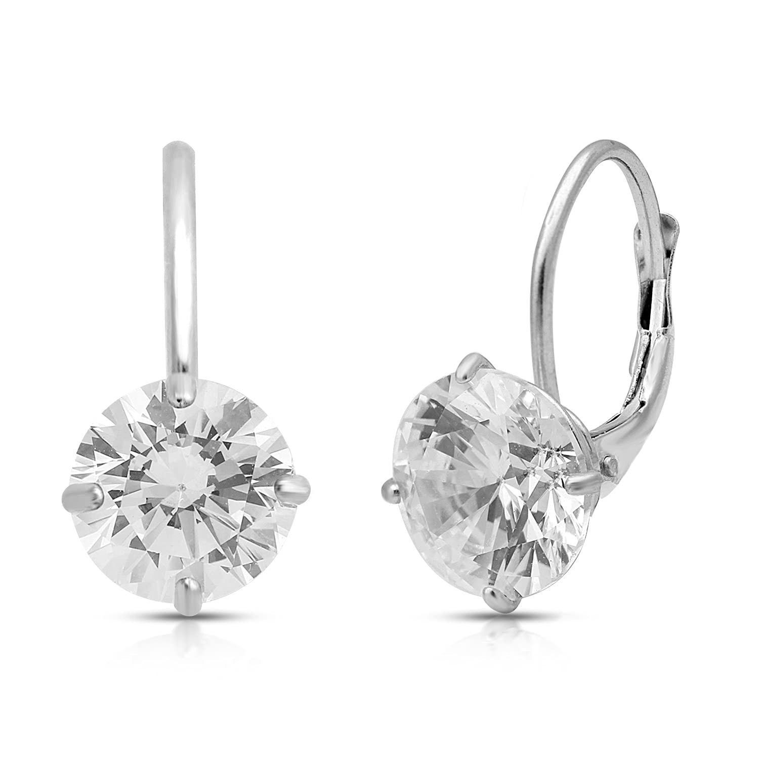 Jewelili 10K White Gold 7 MM Round White Cubic Zirconia Lever Back Earrings