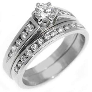 14k white gold 1 carat round diamond engagement ring wedding band bridal set