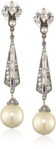 ben-amun antique silver long drop earrings, swarovski crystal, art deco, zirconia rhinestone pearl, legendary collection