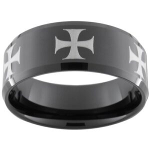 10mm black tungsten carbide ring with beveled edge and multiple maltese crosses size 13