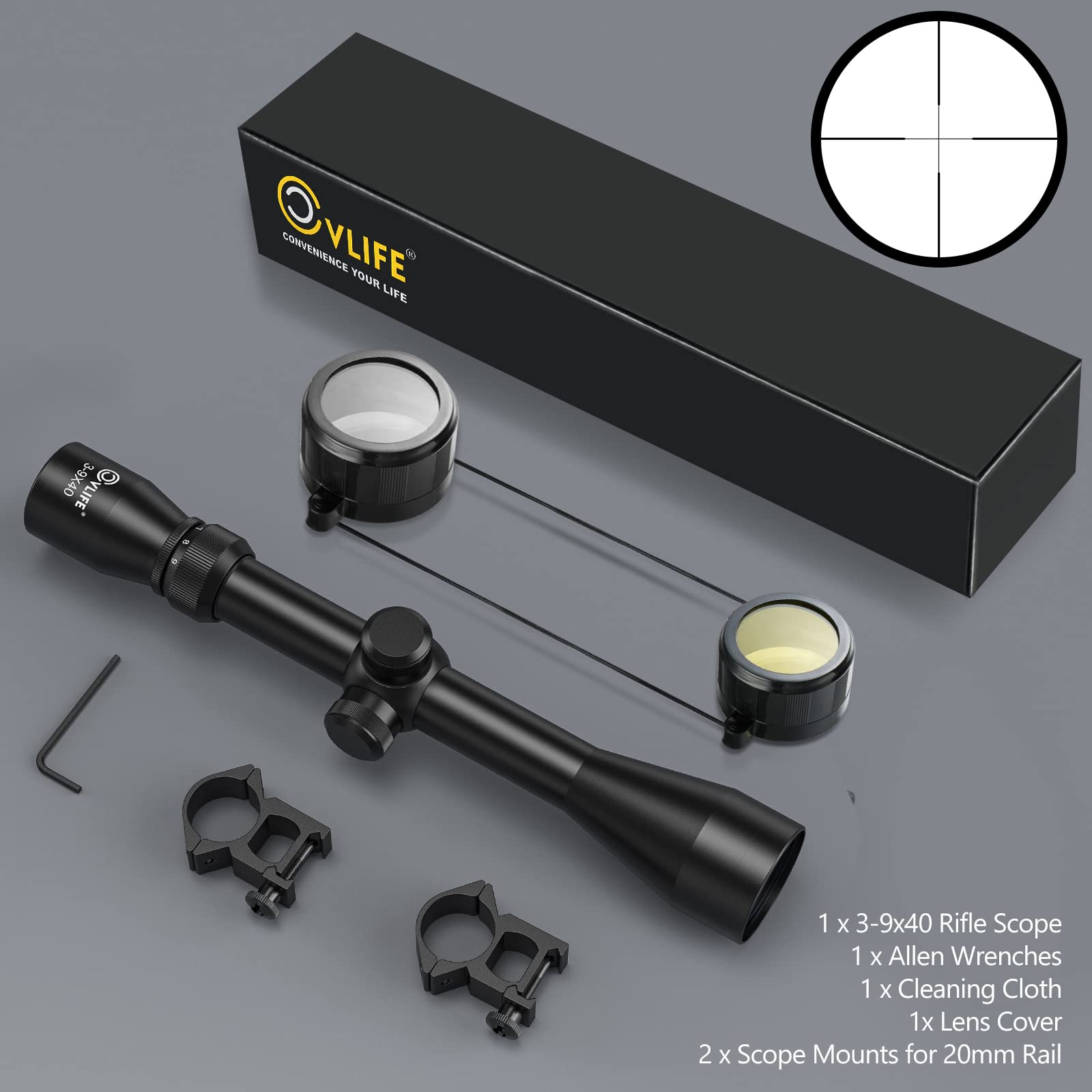 CVLIFE 3-9x40 Optics R4 Reticle Crosshair Scope with 20mm Free Mounts