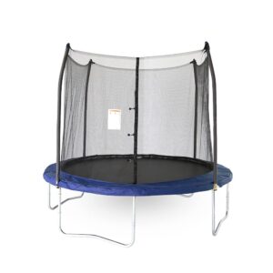 skywalker trampolines 10 ft round, outdoor trampoline for kids with enclosure net basketball hoop, spring pad cover, astm approval, 700 lbs weight capacity