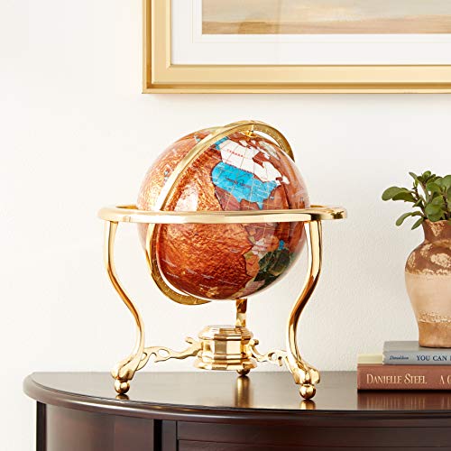 Unique Art 13-Inch Tall Table Top Amberllite Pearl Gold Stand Gemstone World Globe with Gold Tripod Stand