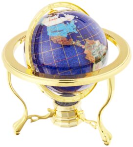 unique art 10-inch tall table top blue crystallite ocean gemstone world globe with gold tripod stand