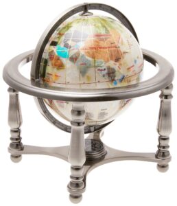 unique art 10-inch tall pearl swirl ocean gemstone world globe with 4 leg silver stand,white