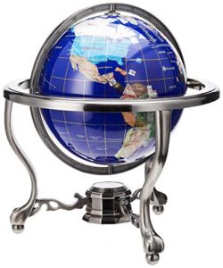 unique art 13-inch tall table top blue lapis ocean gemstone world globe with silver tripod stand