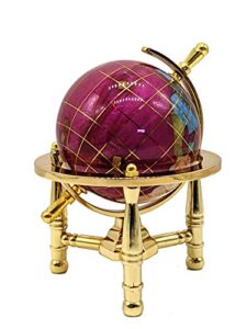 unique art 6-inch tall pink rubilite pearl swirl ocean mini table top gemstone world globe with gold tripod