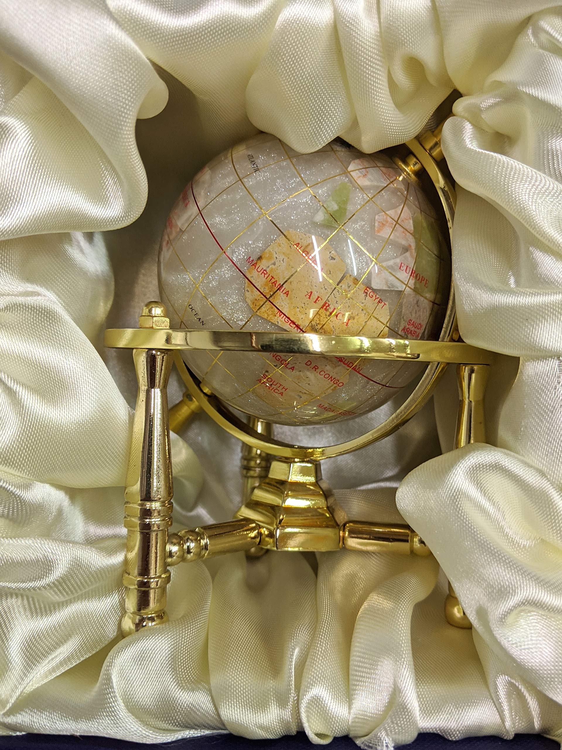 Unique Art 6-Inch Tall Pearl Swirl Ocean Mini Table Top Gemstone World Globe with Gold Tripod