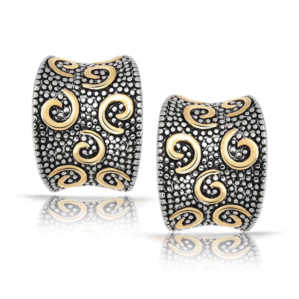 Bali Style Swirl Two Tone Wide Concave Half Hoop Clip On Earrings Non Pierced Ears Black Sliver Gold Plated Brass