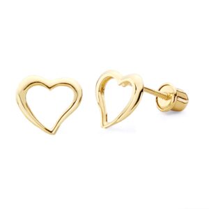 14k real yellow gold floating heart stud earrings with screw back