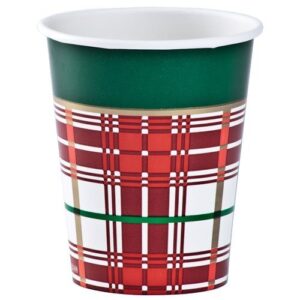 hannah k. signature collection hot/cold party paper cup-9oz | christmas plaid | pack of 12 cup, 9 oz. cup/12 ct, green, red, gold