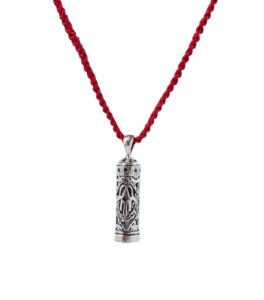 mizze made for luck women's traveler's prayer in sterling silver mezuzah prayer box on red knitted necklace