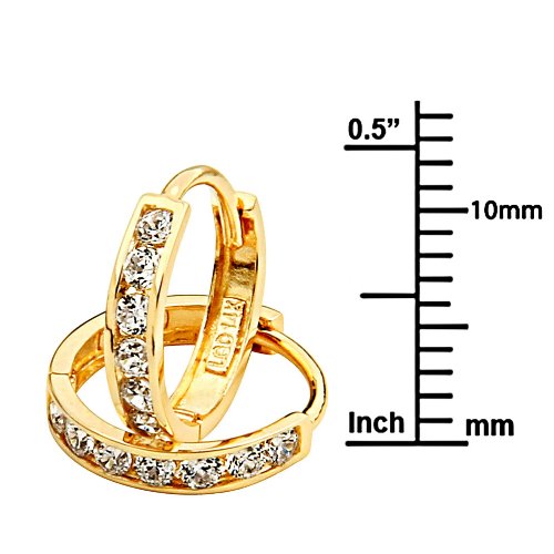 14k Yellow Gold 2mm Thickness CZ Channel Set Hoop Huggie Earrings (12 x 12 mm)