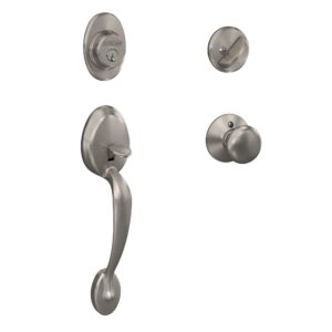 schlage f60 v ply 619 plymouth front entry handleset with plymouth knob, deadbolt keyed 1 side, satin nickel