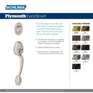 Schlage F60 V PLY 619 Plymouth Front Entry Handleset with Plymouth Knob, Deadbolt Keyed 1 Side, Satin Nickel