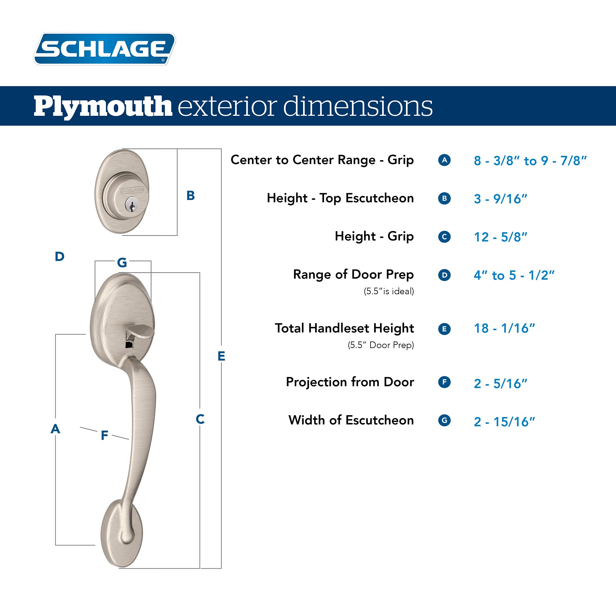 Schlage F60 V PLY 619 Plymouth Front Entry Handleset with Plymouth Knob, Deadbolt Keyed 1 Side, Satin Nickel