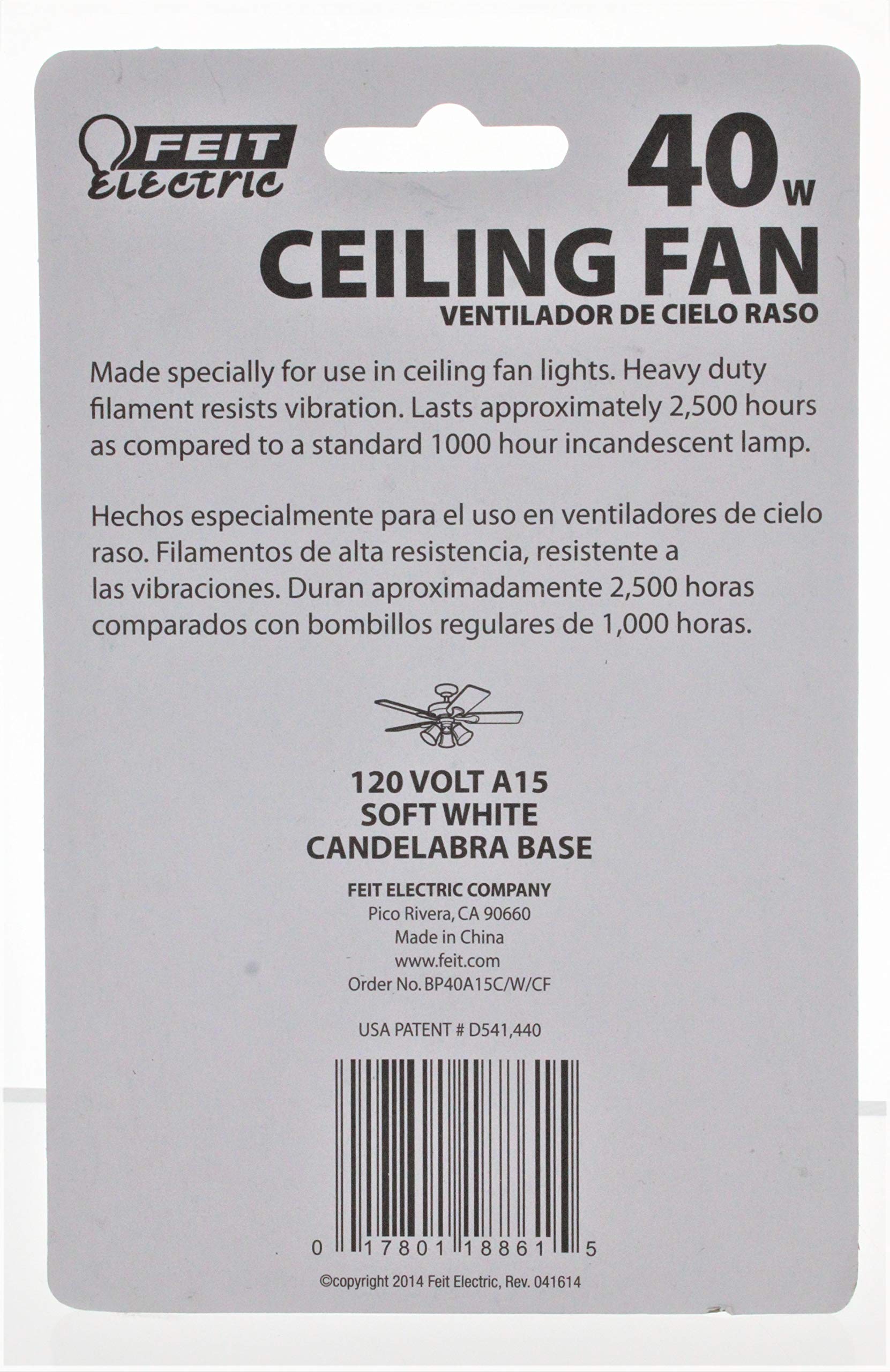 Feit Electric BP40A15C/W/CF 40 Watt White Ceiling Fan Light Bulb 2 Count