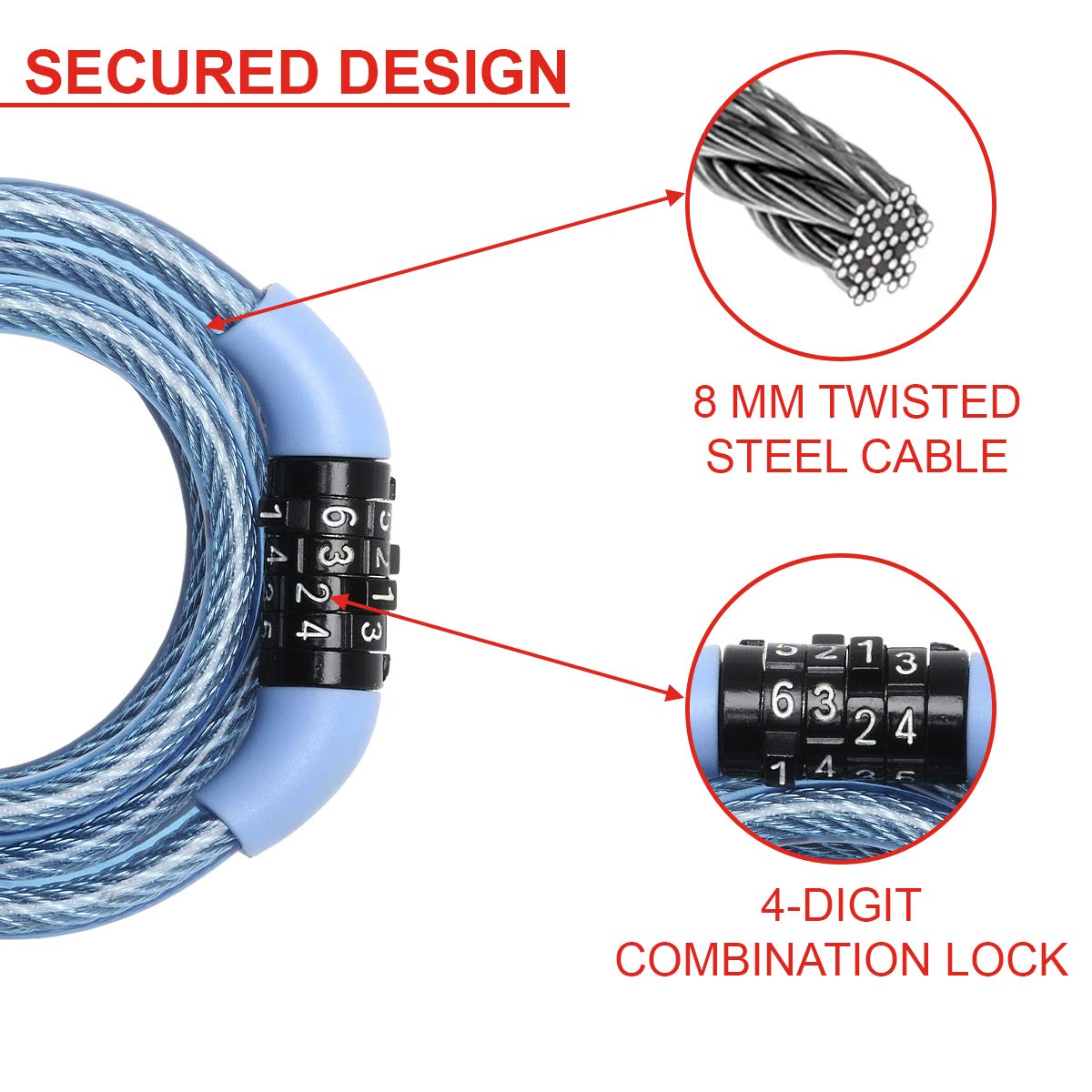 MASTER LOCK Bike Lock Cable [Combination] [1,2 m Coiling Cable] [Outdoor] [Random Color] 8143EURDPROCOL - Ideal for Bike, Electric Bike, Skateboards, Strollers, Lawnmowers and other Outdoor Equipments