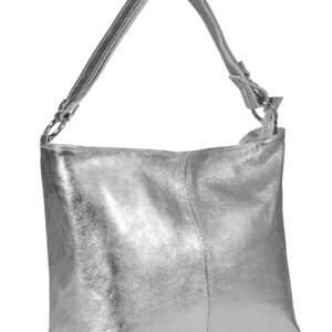 LiaTalia Womens Genuine Italian Leather Medium Size Shoulder Hobo Bag - Adjustable Long Strap Handbag - EMMY [Silver]