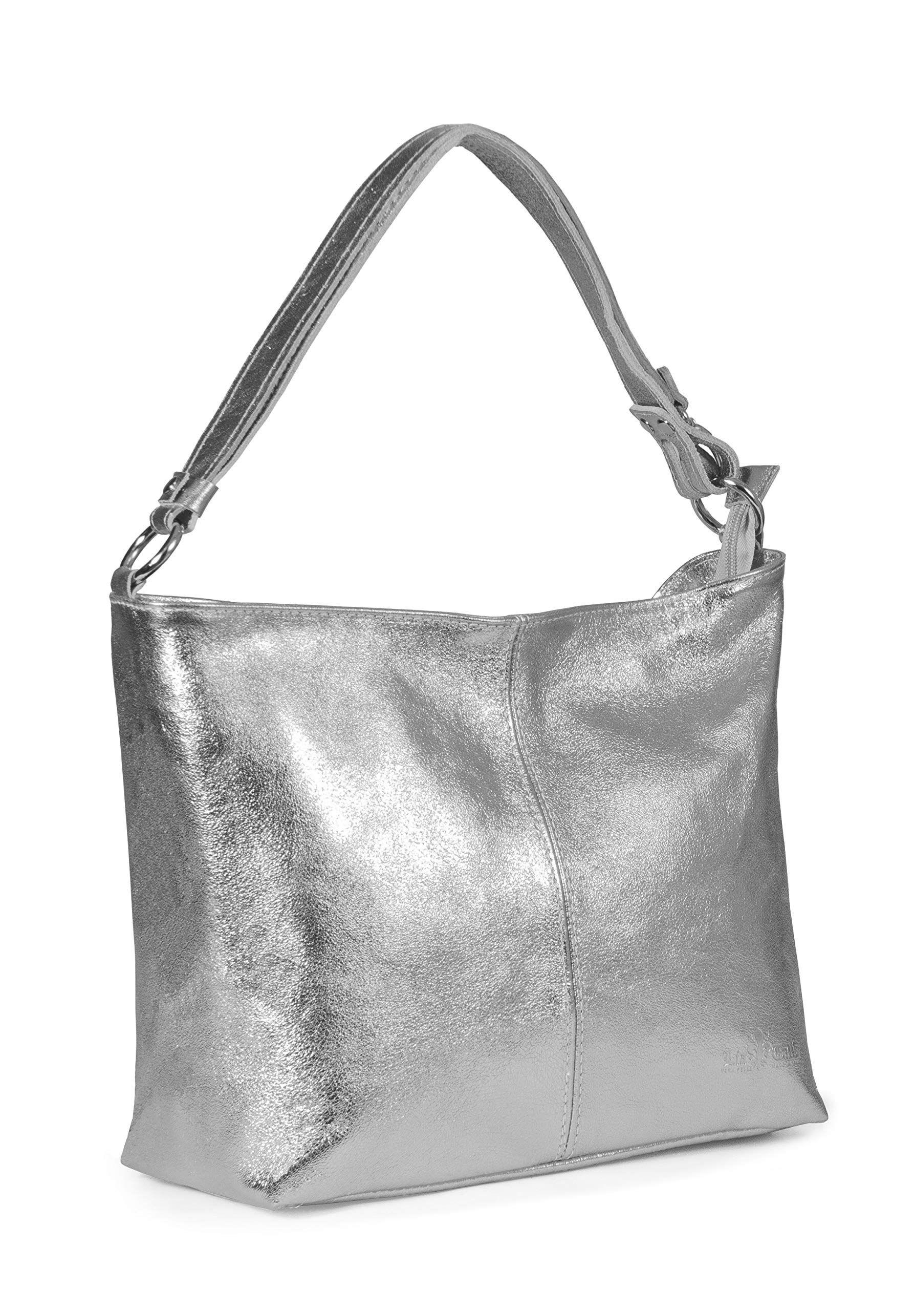 LiaTalia Womens Genuine Italian Leather Medium Size Shoulder Hobo Bag - Adjustable Long Strap Handbag - EMMY [Silver]