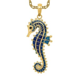 icecarats 14k yellow gold blue seahorse necklace charm pendant 36mm x 12mm only