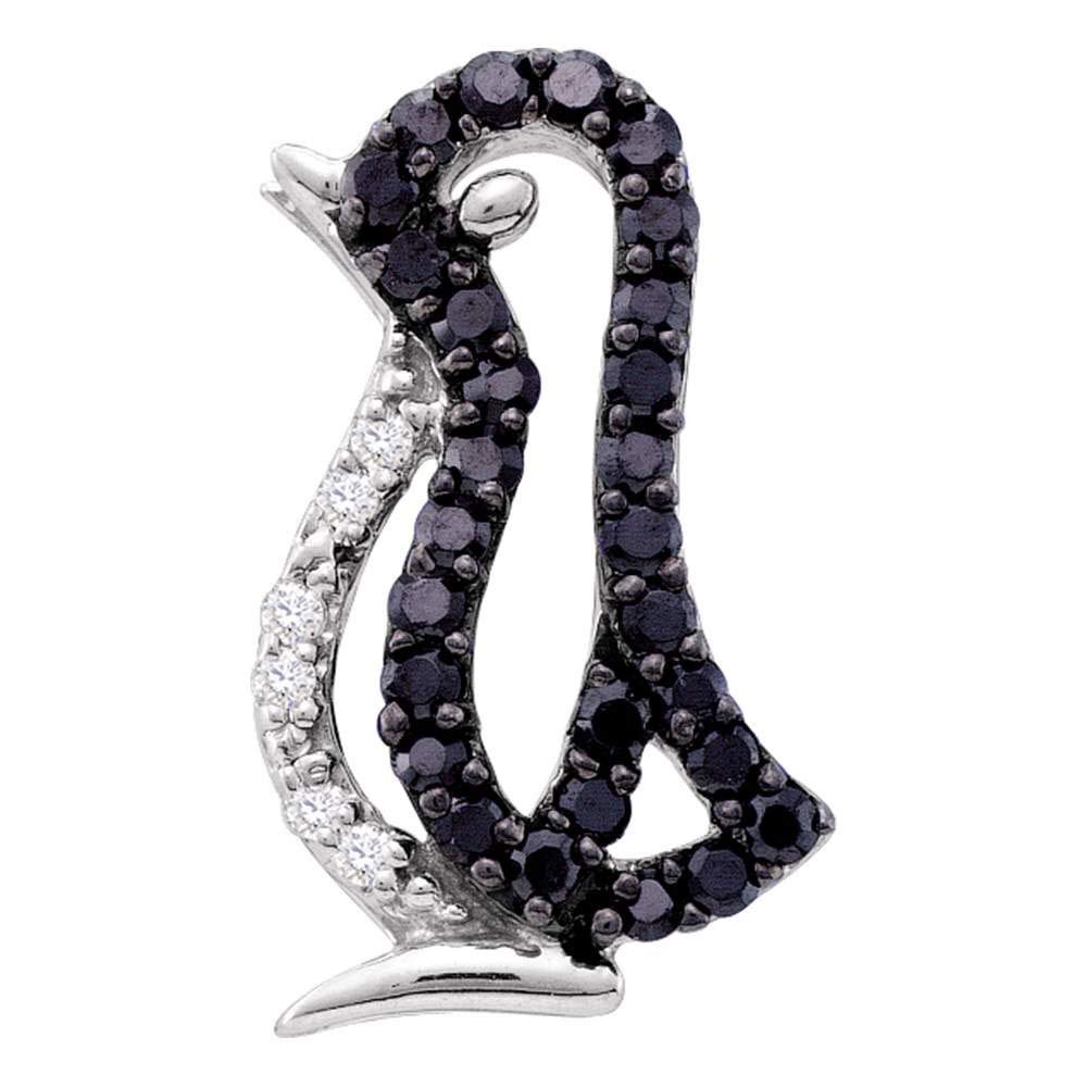 Dazzlingrock Collection 10kt White Gold Womens Round Black Color Enhanced Diamond Penguin Bird Animal Pendant 1/6 ctw