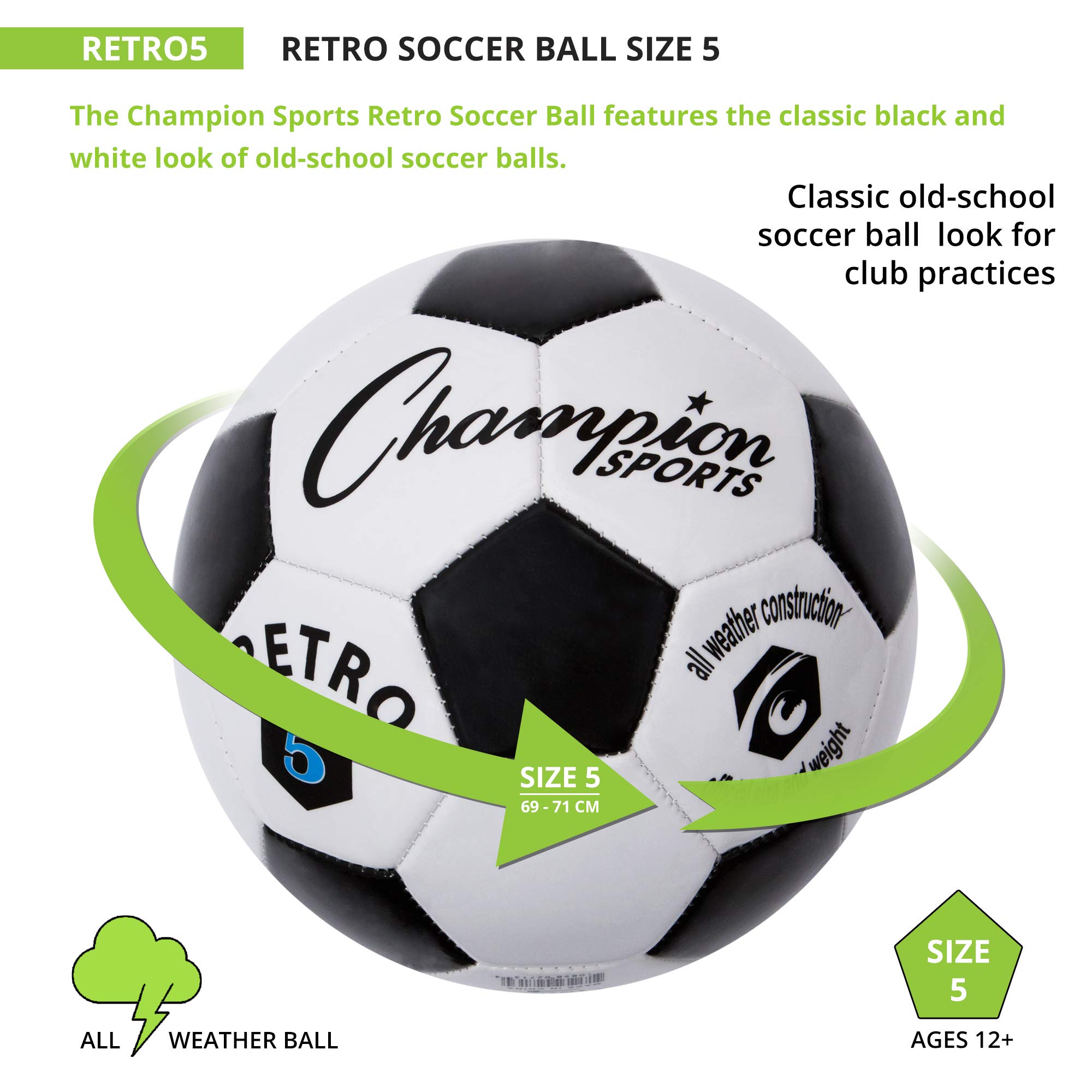 Champion Sports Retro Soccer Ball, Size 5 , Black/White