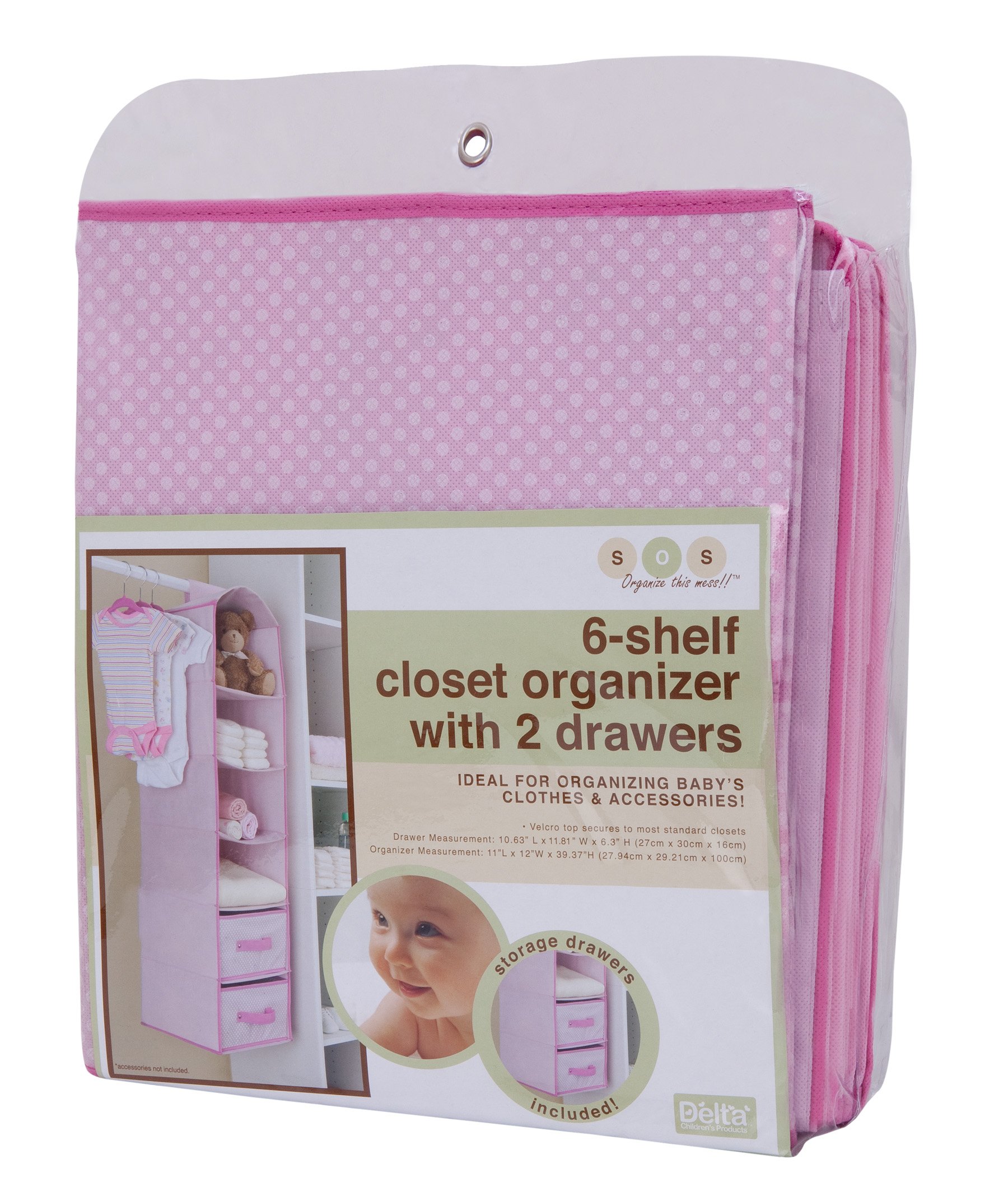 Delta Children 6 Shelf Hanging Wall Storage with 2 Drawers - Easy Storage/Organization Solution- Holds Sweaters, Shirts, Pants, Accessories & More - Movable Drawers Allow for Customization, Pink