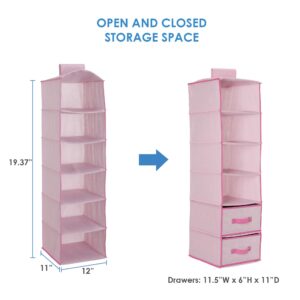 Delta Children 6 Shelf Hanging Wall Storage with 2 Drawers - Easy Storage/Organization Solution- Holds Sweaters, Shirts, Pants, Accessories & More - Movable Drawers Allow for Customization, Pink