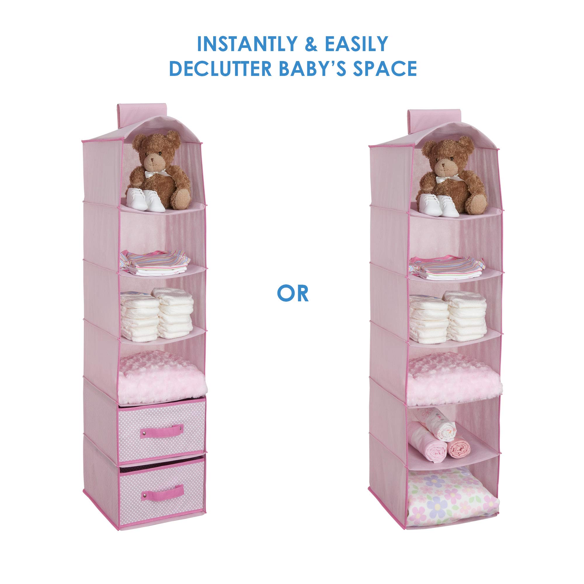 Delta Children 6 Shelf Hanging Wall Storage with 2 Drawers - Easy Storage/Organization Solution- Holds Sweaters, Shirts, Pants, Accessories & More - Movable Drawers Allow for Customization, Pink