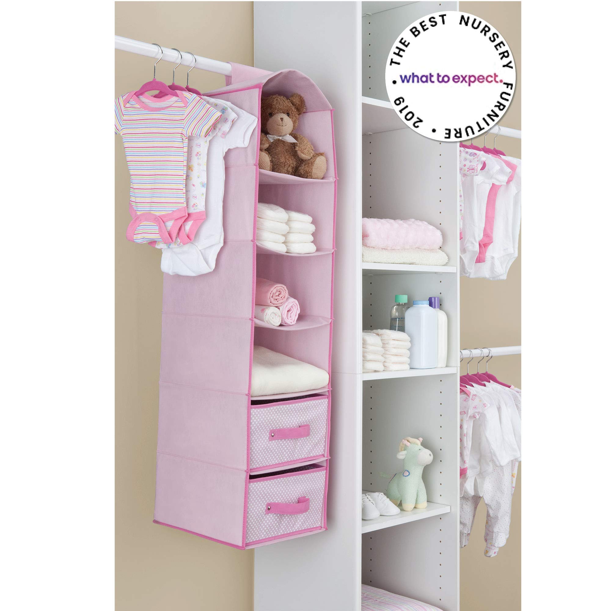 Delta Children 6 Shelf Hanging Wall Storage with 2 Drawers - Easy Storage/Organization Solution- Holds Sweaters, Shirts, Pants, Accessories & More - Movable Drawers Allow for Customization, Pink