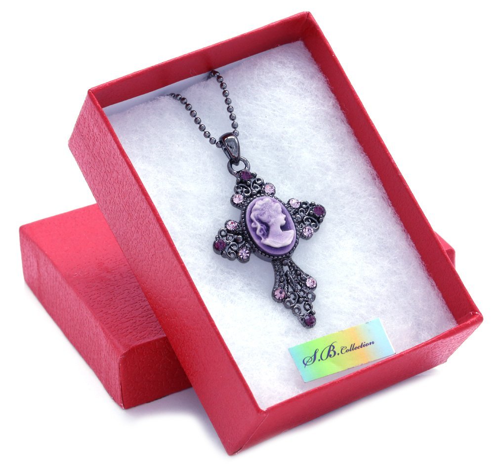 Soulbreezecollection Lavender Violet Purple Cameo Christian Cross Pendant Necklace Charm for Women