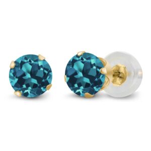 gem stone king 14k yellow gold london blue topaz stud earrings for women (1.10 cttw, gemstone birthstone, 5mm round)