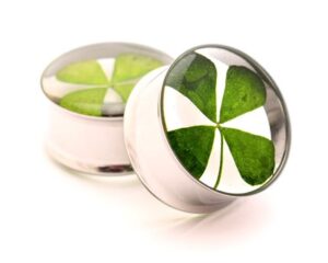 mystic metals body jewelry embedded real 4 leaf clover plugs - 3/4 inch - 19mm - sold as a pair