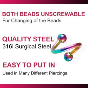 bodyjewellery 14g 14 gauge 3/8 Rainbow surgical steel eyebrow lip bar ear tragus Twist earring ring spiral Barbell ball AQTI Piercing 3pcs