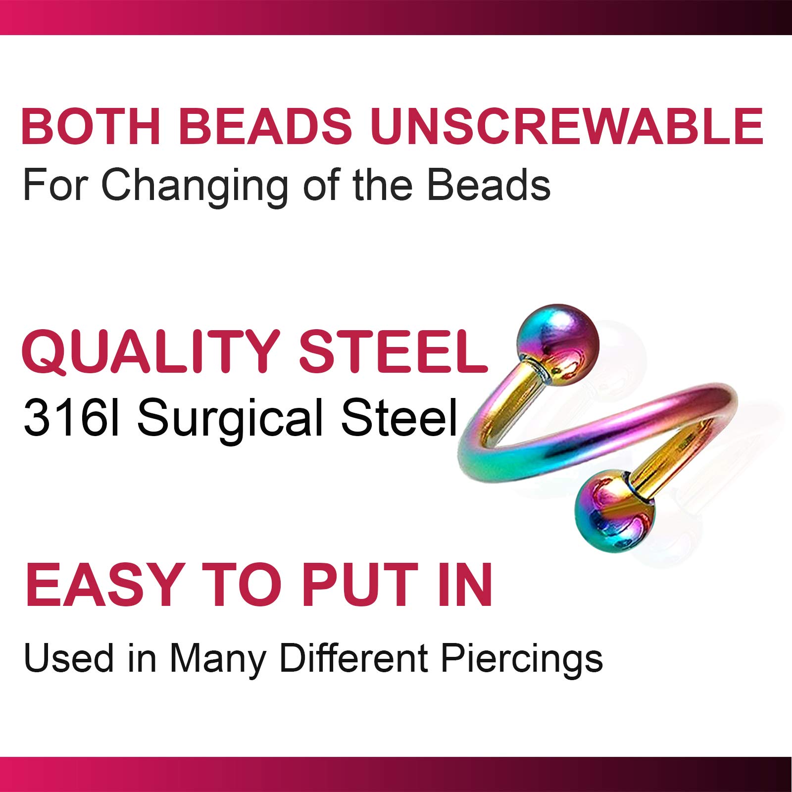 bodyjewellery 14g 14 gauge 3/8 Rainbow surgical steel eyebrow lip bar ear tragus Twist earring ring spiral Barbell ball AQTI Piercing 3pcs