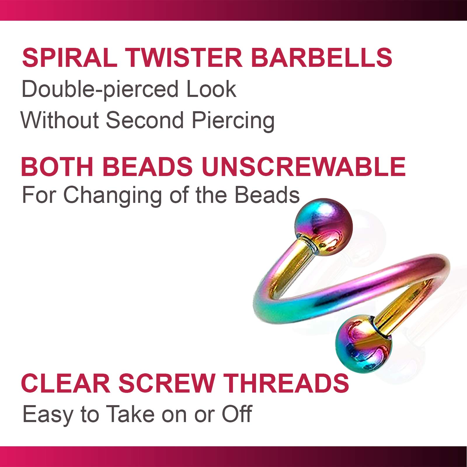 bodyjewellery 14g 14 gauge 3/8 Rainbow surgical steel eyebrow lip bar ear tragus Twist earring ring spiral Barbell ball AQTI Piercing 3pcs