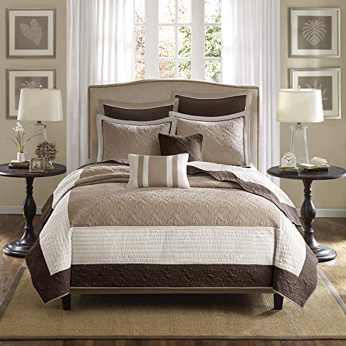 Madison Park Attingham Reversible Quilt Set - All Season Breathable Coverlet, Lightweight Cozy Bedding Layers, Matching Shams, King/Cal King(104"x94"), Beige Multi 7 Piece