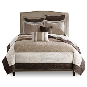 Madison Park Attingham Reversible Quilt Set - All Season Breathable Coverlet, Lightweight Cozy Bedding Layers, Matching Shams, King/Cal King(104"x94"), Beige Multi 7 Piece