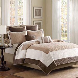 Madison Park Attingham Reversible Quilt Set - All Season Breathable Coverlet, Lightweight Cozy Bedding Layers, Matching Shams, King/Cal King(104"x94"), Beige Multi 7 Piece