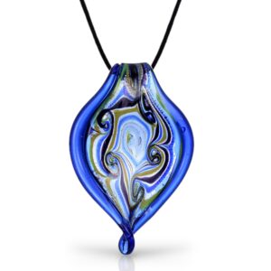 besheek handmade murano inspired blown abstract glass lampwork art pendant necklace for women handcrafted artisan hypoallergenic italian style jewelry (cobalt blue swirls twisted leaf)