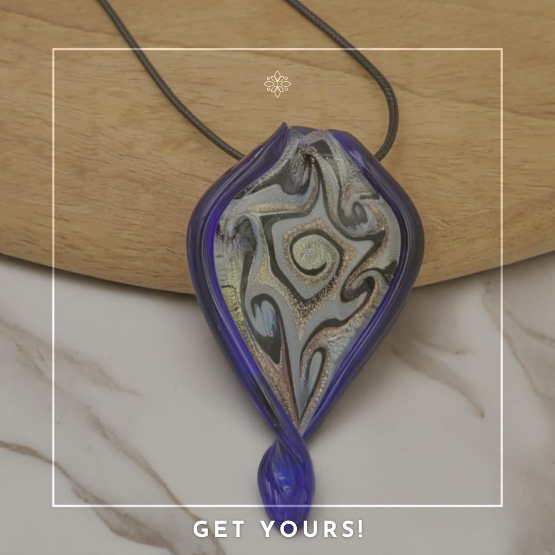 BESHEEK Handmade Murano Inspired Blown Abstract Glass Lampwork Art Pendant Necklace for Women Handcrafted Artisan Hypoallergenic Italian Style Jewelry (Cobalt Blue Swirls Twisted Leaf)