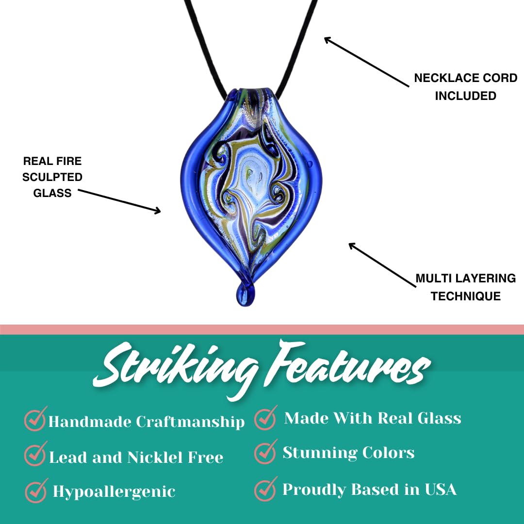 BESHEEK Handmade Murano Inspired Blown Abstract Glass Lampwork Art Pendant Necklace for Women Handcrafted Artisan Hypoallergenic Italian Style Jewelry (Cobalt Blue Swirls Twisted Leaf)