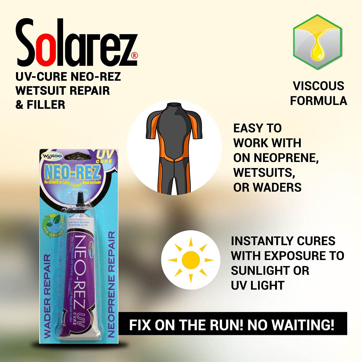 SOLAREZ UV Cure Neo-Rez Wetsuit Repair & Filler (1 Oz) ~ Fix, Repair, Fill and Seal Neoprene Wetsuits or Hip Waders Instantly! One and Only #1 Solar UV Cure Wetsuit Fill & Repair! ~ Made in The USA!