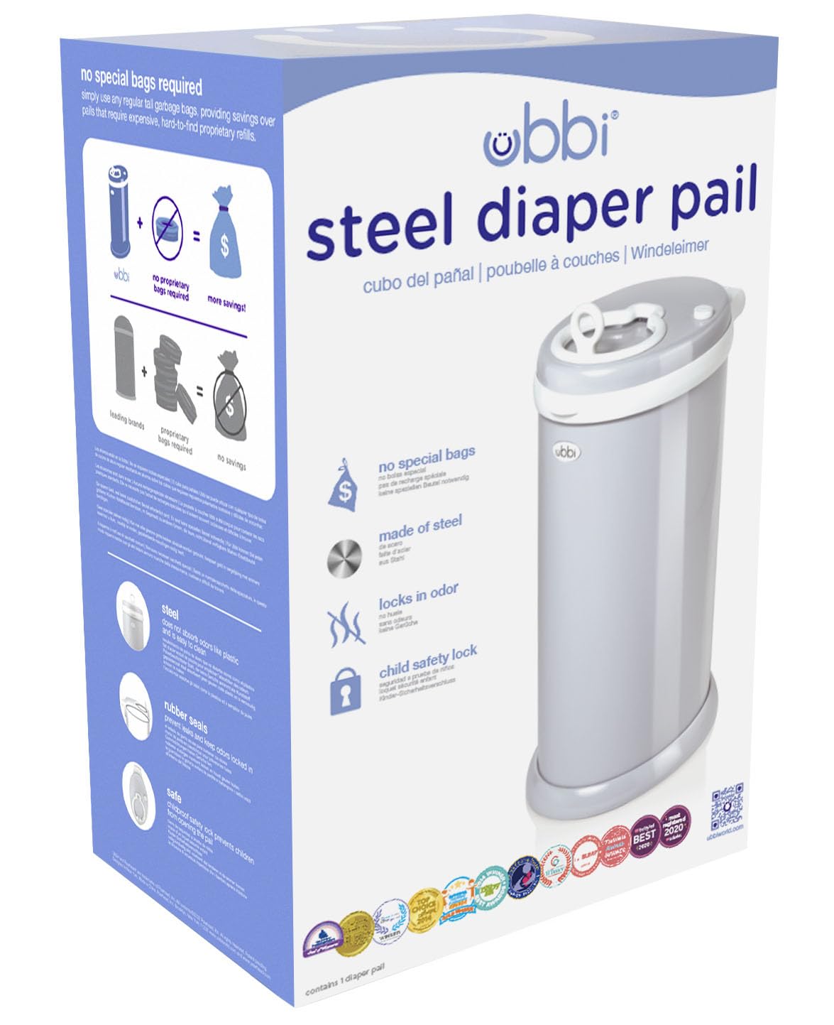 Ubbi Steel Diaper Pail, Odor Locking, No Special Bag Required, Award-Winning, Registry Must-Have, Gray