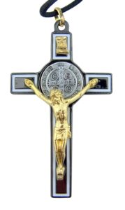 lm black enamel gold tone saint benedict icon cross crucifix pendant, 3 inch