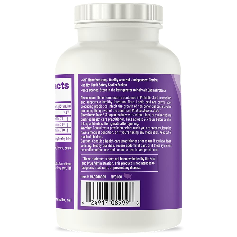 AOR, Probiotic 3, Digestive Aid for a Healthy Gastrointestinal Tract, Gut Flora and Immune Response, Dietary Supplement, 45 Servings (90 Capsules)