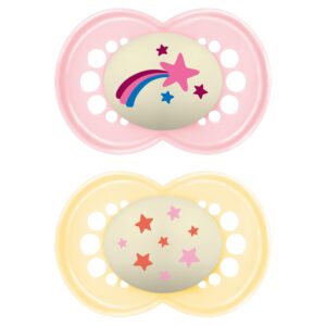 mam night pacifiers (2 count), mam pacifiers 6+ months, best pacifier for breastfed babies, glow in the dark pacifier, baby girl pacifier (design may vary), 6-16 (pack of 2)